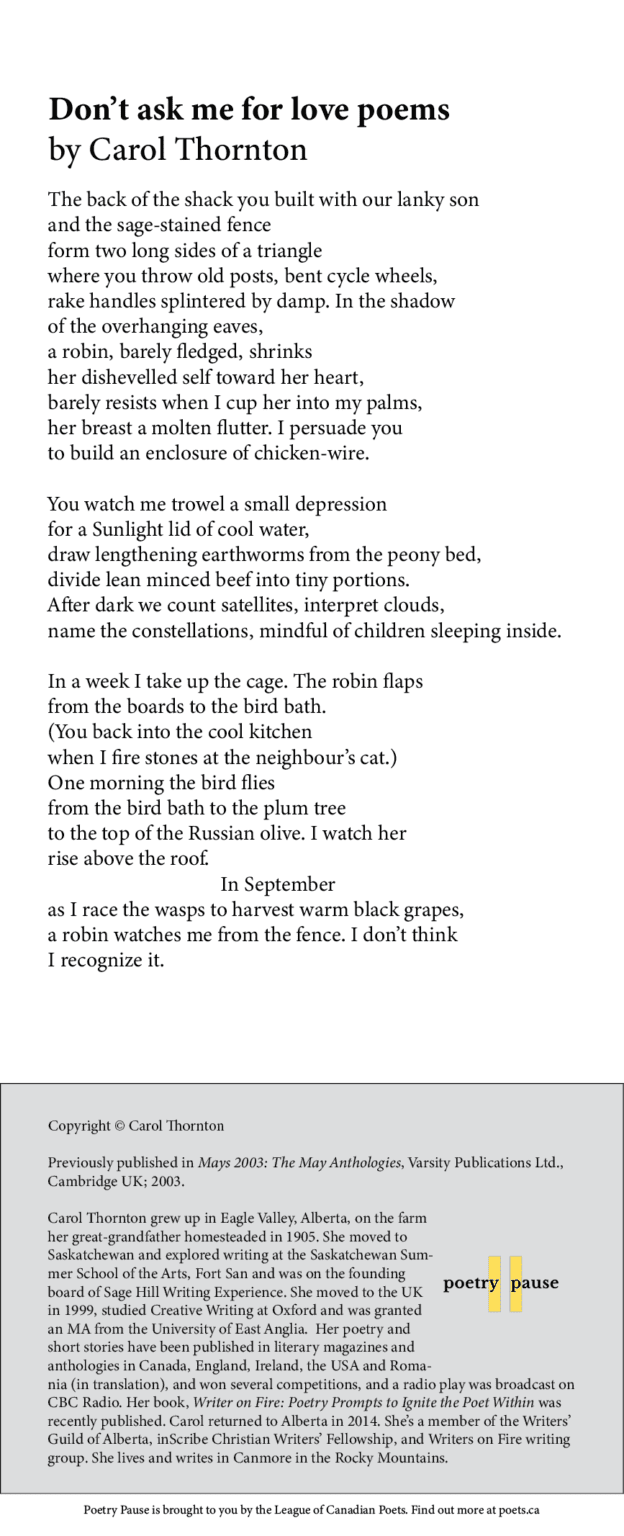 Don’t ask me for love poems by Carol Thornton - League of Canadian Poets