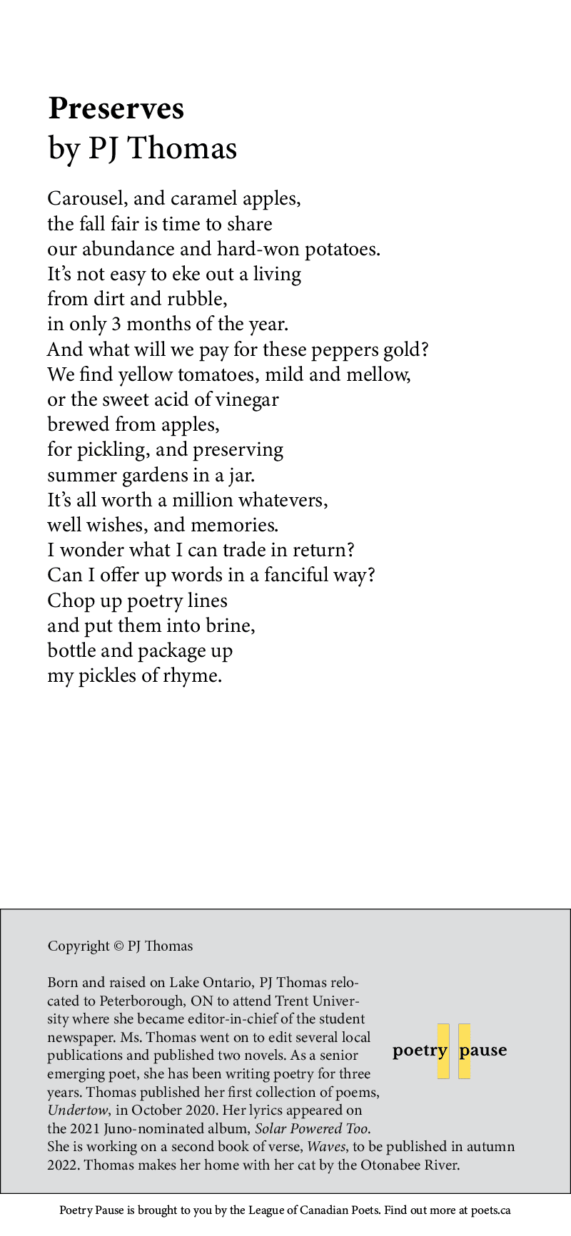 Preserves by PJ Thomas - League of Canadian Poets